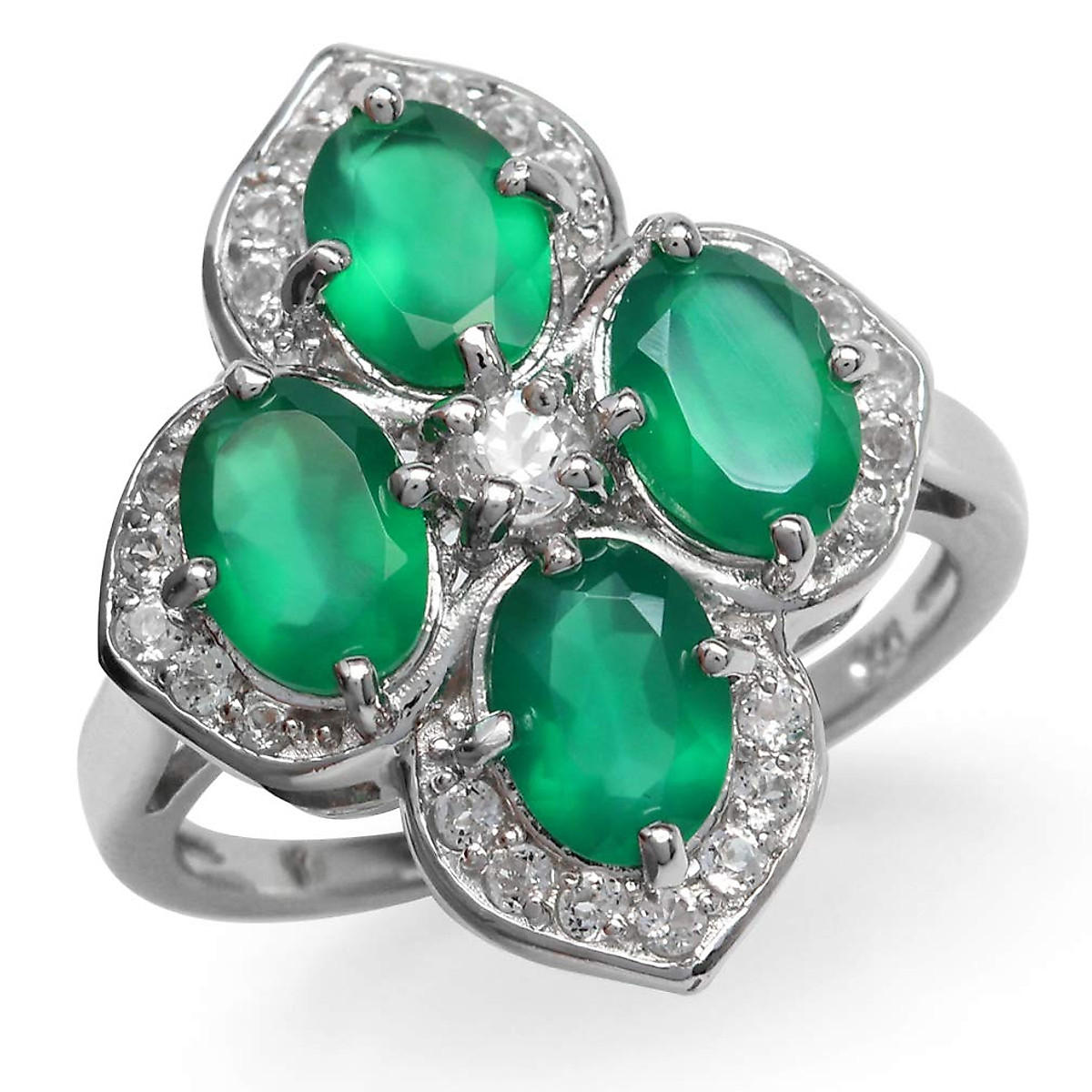 Silvershake 3ct. Natural Emerald Green Agate and White Topaz Gold Plated 925 Sterling Silver Flower Cluster Ring Size 8.5