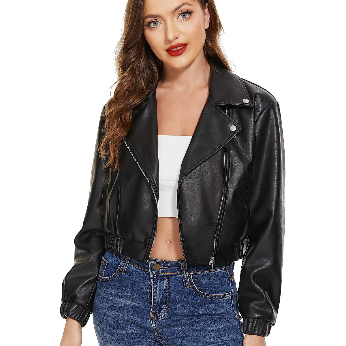 Fahsyee Faux Leather Jacket Women - Black Motorcycle Short Coat Moto Biker Blazer Plus Size Casual Pleather Jackets Fashion M