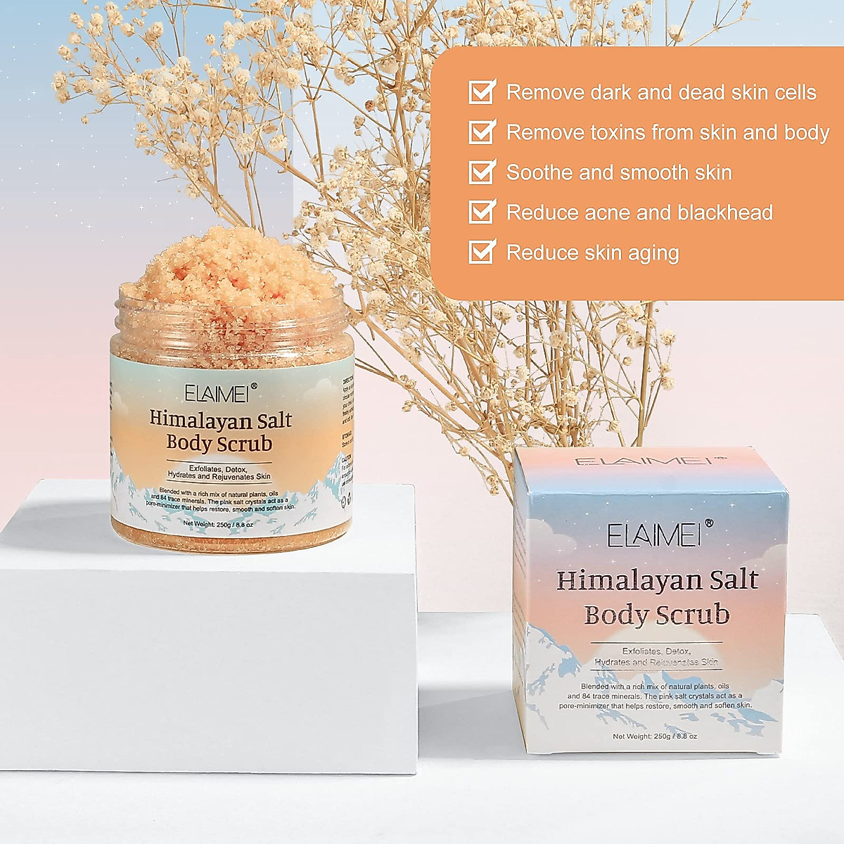 Premium Himalayan Salt Body Scrub with Lychee Oil Natural Exfoliating Salt Scrub for Acne, Cellulite, Deep Cleansing, Scars, Wrinkles, Exfoliate and Moisturize Skin
