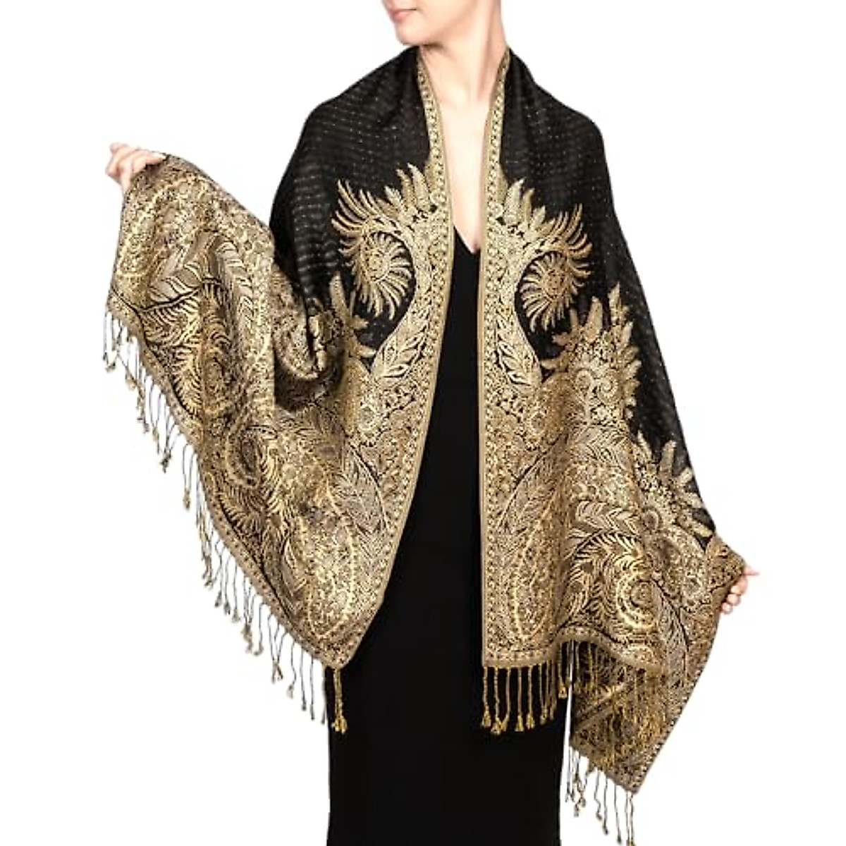 Achillea Luxurious Big Paisley Jacquard Layered Woven Pashmina Shawl Wrap Scarf Stole (Black)