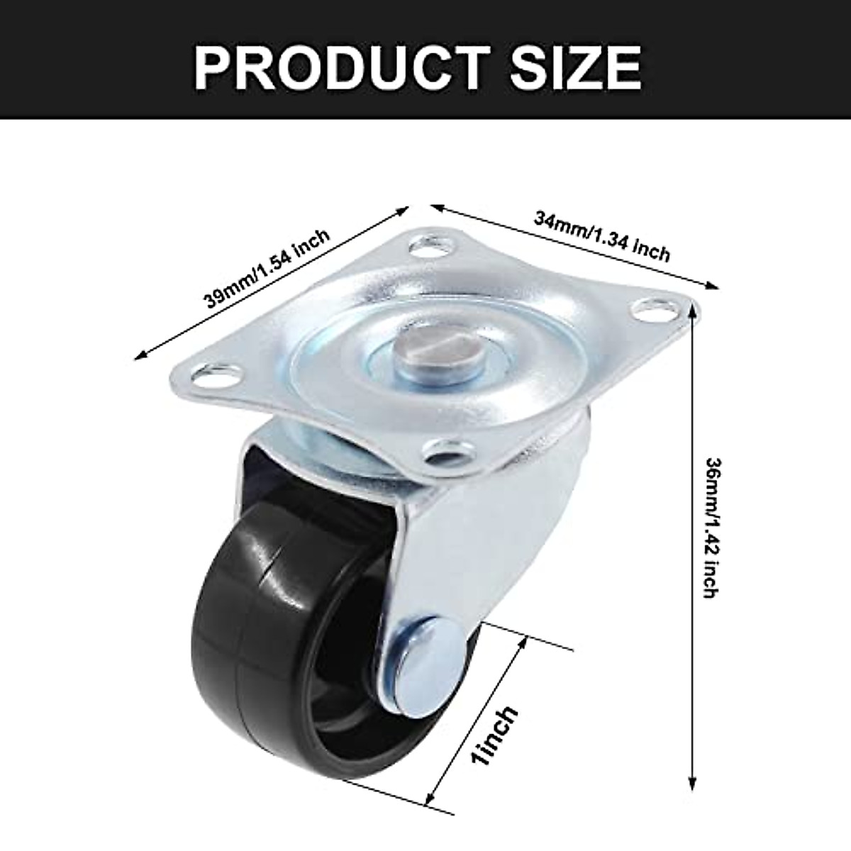 Luomorgo 1 inch Dia Swivel Caster Wheels Rubber Base with Rectangle Top Plate & Bearing Heavy Duty 8pcs