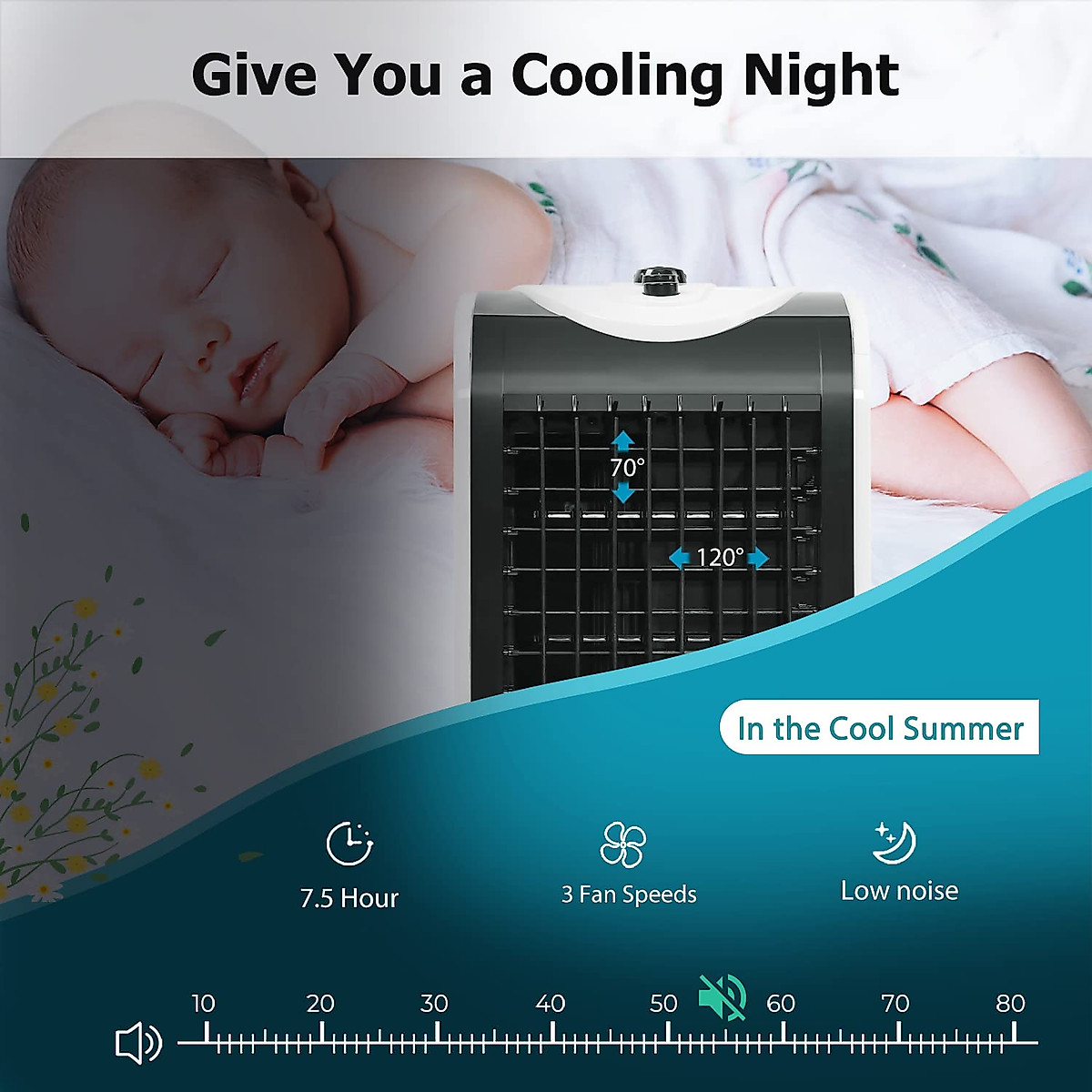 ARLIME Evaporative Air Cooler, Windowless Swamp Cooler Fan & Humidifier with 3 Modes, 3 Speeds, 2 Ice Boxes, 7.5h Timer, Now-Noise, Portable Air Conditioners for Bedroom, Living Room, Office