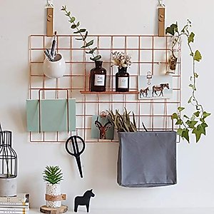 FRIADE Rose Gold Metal Wire Wall Grid Panel for Photo Display,Display Ledge,Wall Organizer for Living Room,Bedroom，10 Metal Clips&2 Leather Straps&3 Nails Offered,Set of 1 (Rose Gold:25.5”x17.7”)