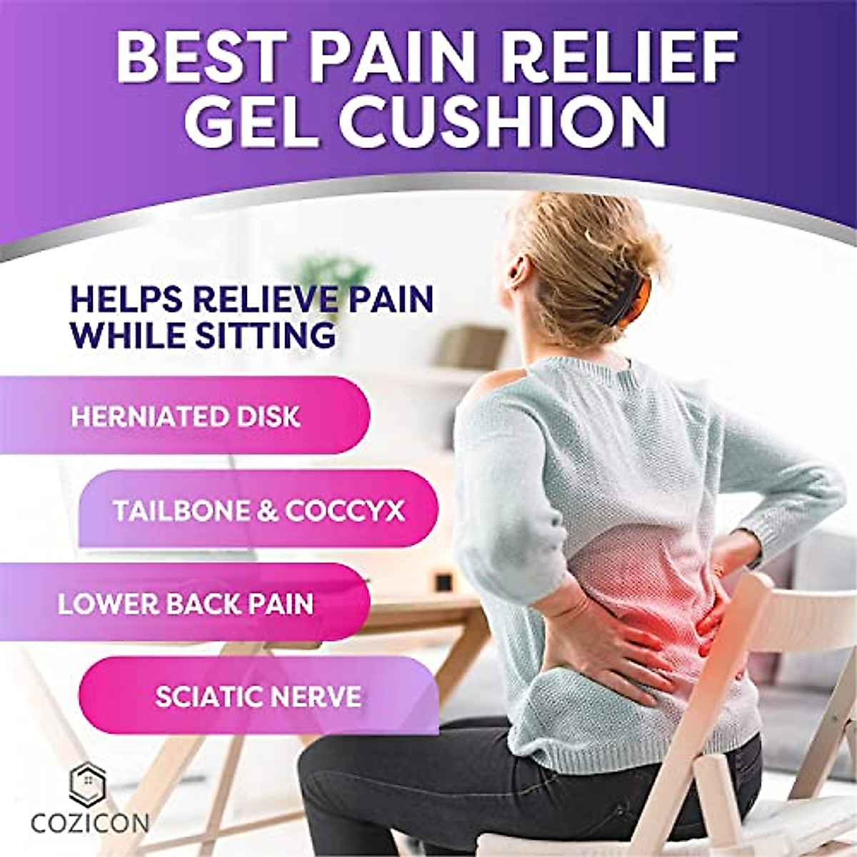 Gel Seat Cushion for Long Sitting - Purple Seat Cushions, Car Seat, Desk Chair, Wheelchair Cushions for Pressure Relief -Office Chair Back Support Cushion - Tailbone & Sciatica Pain Relief Pad Pillow