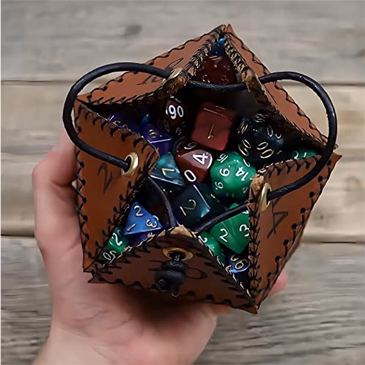 Taivoze Leather D20 Dice Bag, Polyhedral Dice Pouch Portable Drawstring Bag for RPG,Game,DND Dice Bag, Brown