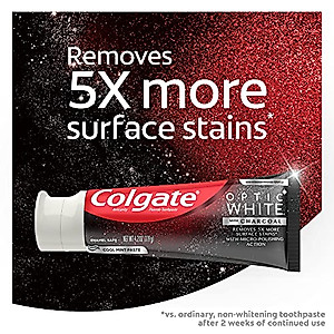 Colgate Optic White with Charcoal Whitening Toothpaste, Cool Mint Flavor, Safely Removes Surface Stains, Enamel-Safe for Daily Use, Teeth Whitening Toothpaste with Fluoride, 2 Pack, 4.2 Oz Tube