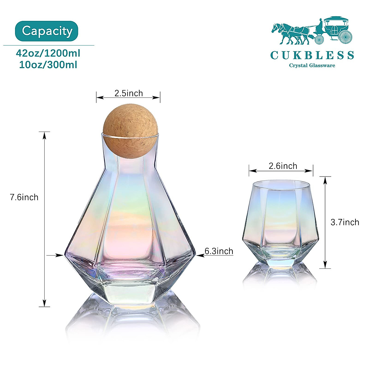 CUKBLESS Iridescent Glassware Set, 6 Drinking Glasses for Water, Juice, and Beverages, and 4 Wine Glasses with 1 Diamond-Shaped Wine Decanter, Perfect for New Home or Housewarming Gifts