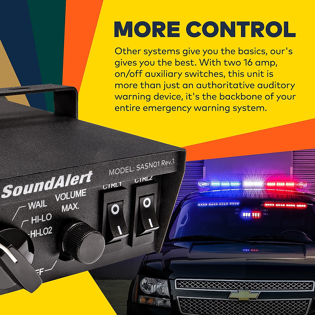 SoundAlert 100W Emergency Police Siren Amplifier [2 x 20A Switch Control] [Hands-Free Air Horn] [PTT Mic] [Radio Rebroadcast] Warning PA System for Emergency Vehicles Trucks Cars Warning Lights