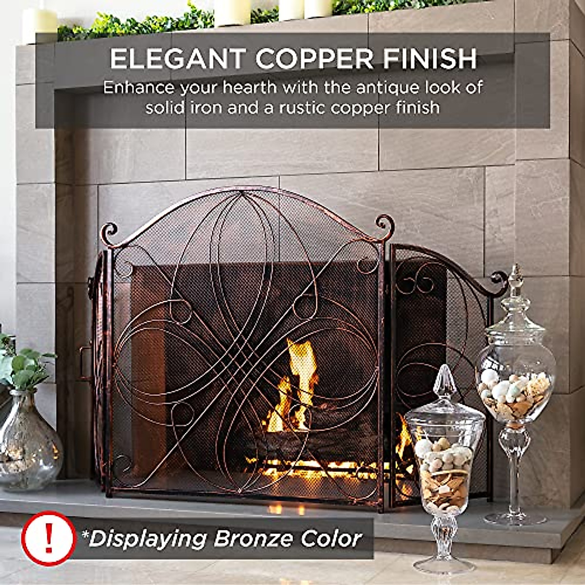 Best Choice Products 3-Panel 55x33in Solid Wrought Iron See-Through Metal Fireplace Screen, Spark Guard Safety Protector w/Decorative Scroll - Black