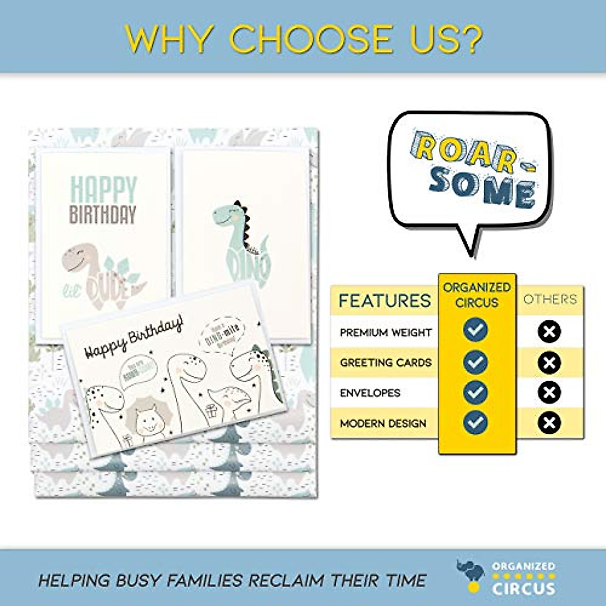 Dinosaur Wrapping Paper with Matching Cards - Premium Happy Birthday Wrapping Paper for Boys and Girls includes 3 Folded Sheets 30 x 20 inches and 3 Coordinating Gift Cards Great for Three Rex Birthday Party Decorations and Baby Wrapping Paper