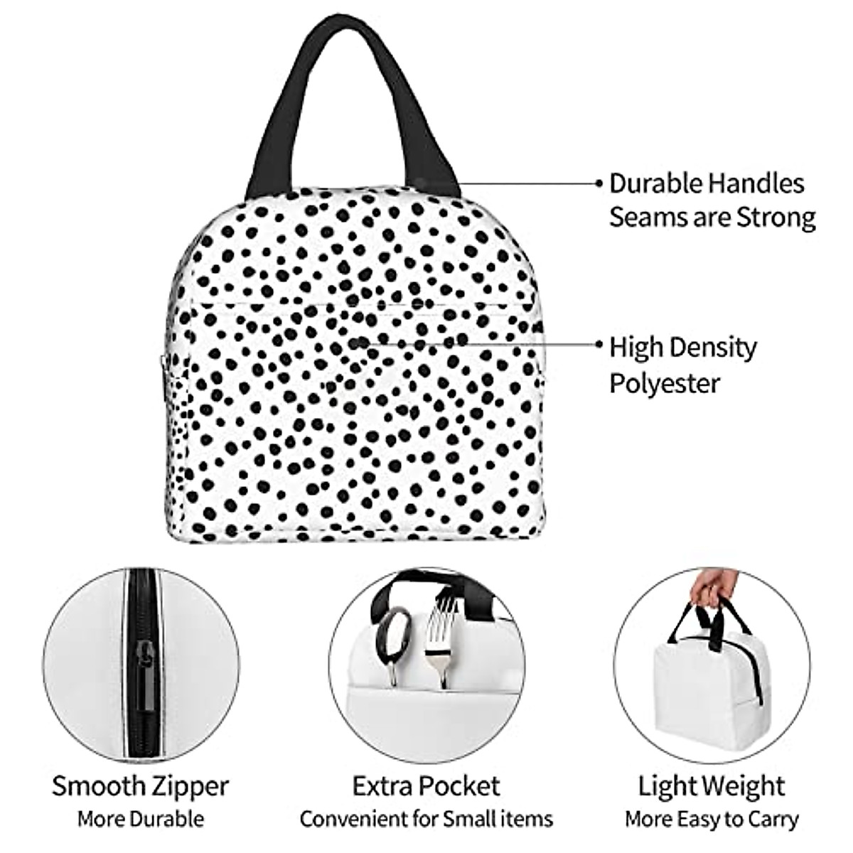 HIZUWKY Black Polka Dots Lunch Box Insulated Lunch Bag for Kids Girls Boys Women men Reusable Lunch Tote Bag for School Work Picnic Travel