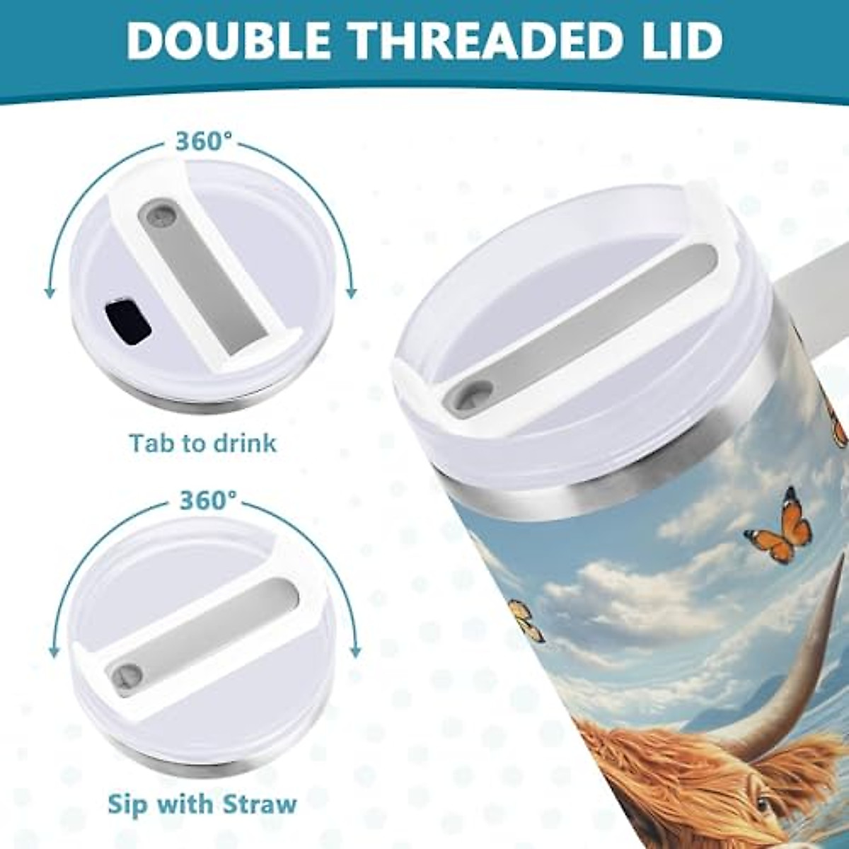 Slewiaeky Tumbler with Handle 40 oz Cow Cattle Kawaii Travel Mug with Lid and Straw Ocean Stainless Steel Vacuum Insulated Water Bottle Cup for Iced Tea Coffee Cold Beverages Cup Holder Friendly