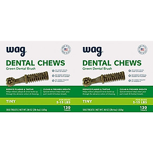 Amazon Brand - Wag Dental Dog Treats to Help Clean Teeth & Freshen Breath - Tiny, Unflavored, 2.25 pounds, 130 Count (Pack of 2)