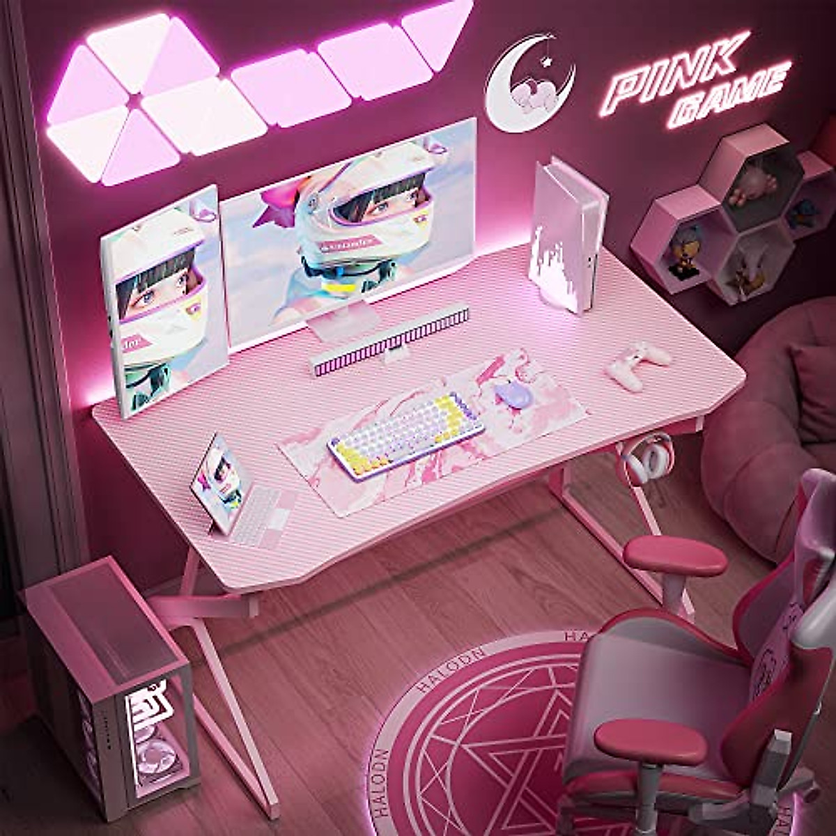 CubiCubi Simple Gaming Desk Z Shaped 40 inch Gamer Workstation, Home Computer Carbon Fiber Surface Gaming Desk PC Table with Headphone Hook, Pink