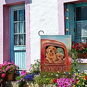 Covido Home Decorative Welcome Spring Dog Golden Retriever Garden Flag, Summer Red Truck Yard Puppy Outside Decoration, Outdoor Small Burlap Decor Double Sided 12x18