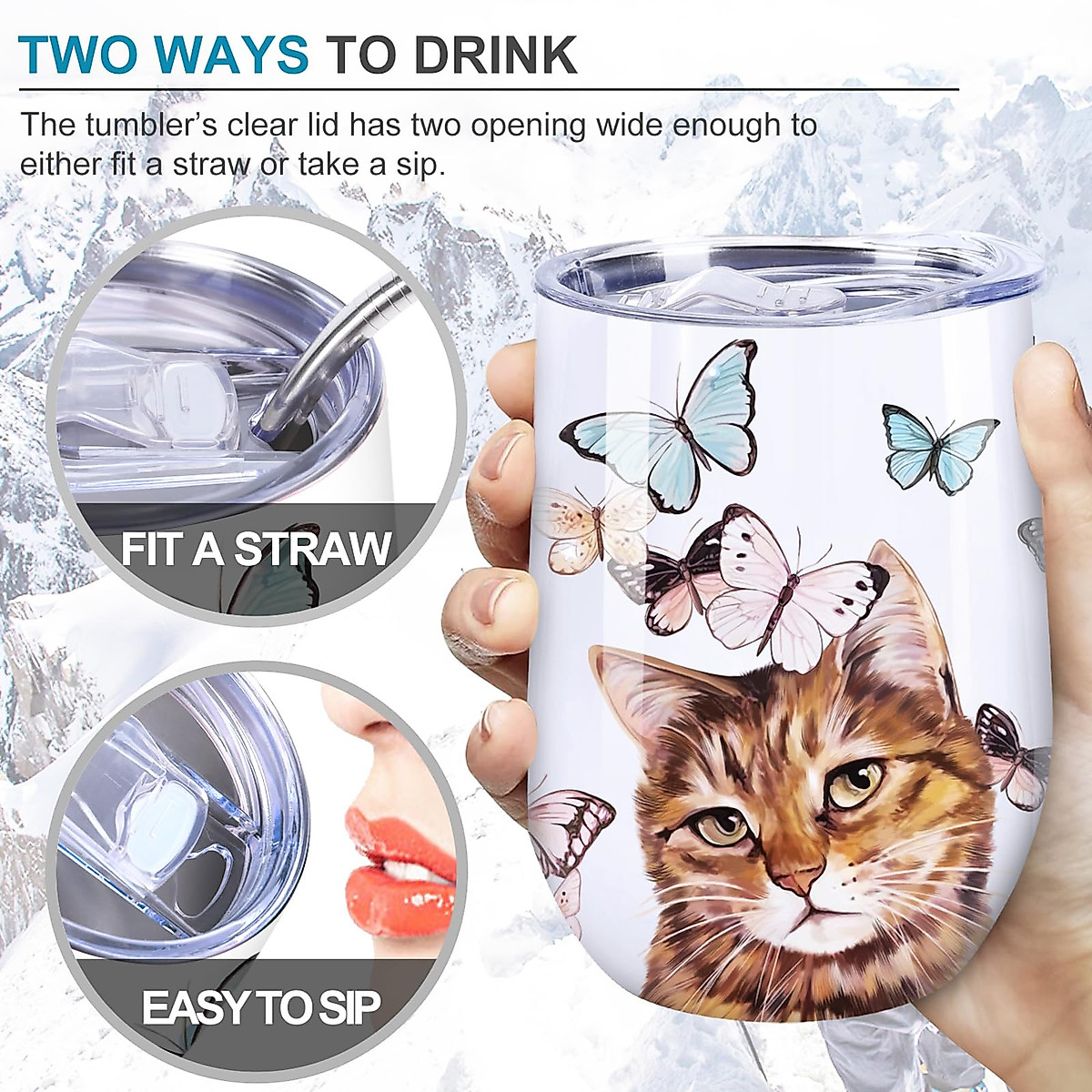 NymphFable 12oz Cat Cup Wine Tumbler With Straw And Lid Insulated Stemless Wine Glass Stainless Steel Double Wall