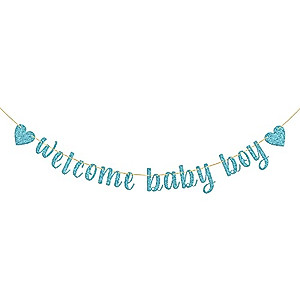 Belrew Welcome Baby Boy Banner, It's a Boy Baby Shower Decor, Gender Reveal Party, Baby 1st Birthday Party Decoration Supplies, Glittery Blue