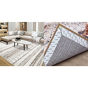 Tortania Beige Living Room Rug 8x10 with 10 PCS Rug Tape Set