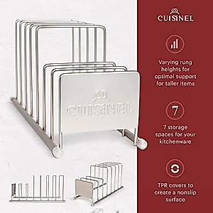 Cuisinel Lid and Dish Organizer Rack - Satin Nickel Silver Kitchen Storage Organization Stand - Plate Holder, Pan/Pot Covers, Cutting Board and Cookie Sheet Divider - 7-Tier Cabinet/Counter Display
