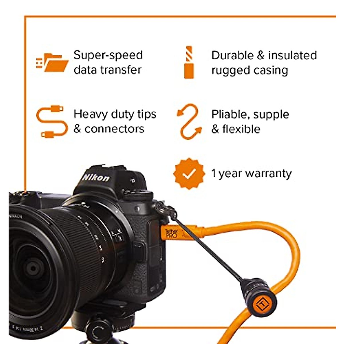 Tether Tools TetherPro USB-C to USB-C Cable | for Power Delivery, Fast Transfer and Connection Between Camera and Computer | High Visibility Orange | 3 Feet (.9 m)