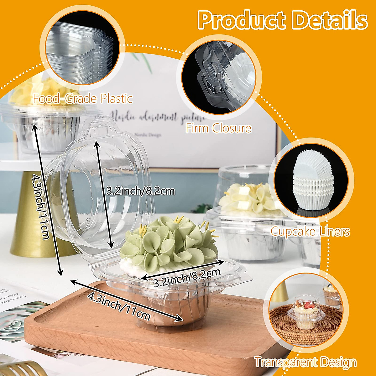 FVIEXE 100 Pack Individual Cupcake Containers, Single Plastic Cupcake Storage Boxes, Disposable Clear Cupcake Holder with Lid To Go Muffin Transport Carrier with 100 Pack Cupcake Liners for Party