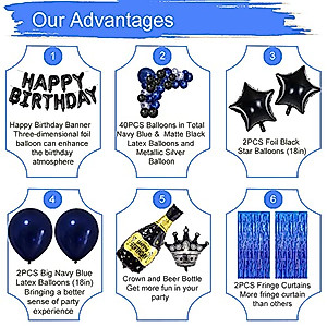 Navy Blue Black Happy Birthday Party Decorations for Men, Arch Kit for Him Her, Banner, Fringe Curtains, Beer Foil Balloons, Balloon Garland Kit, Crown for 20th 21st 22th 25th 30th 40th 50th 60th