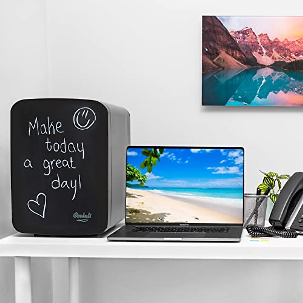 Cooluli Vibe Mini Fridge for Bedroom - With Cool Front Magnetic Blackboard - 15L Portable Small Refrigerator for Travel, Car & Office Desk - Plug In Cooler & Warmer for Food, Drinks & Skincare (Black)