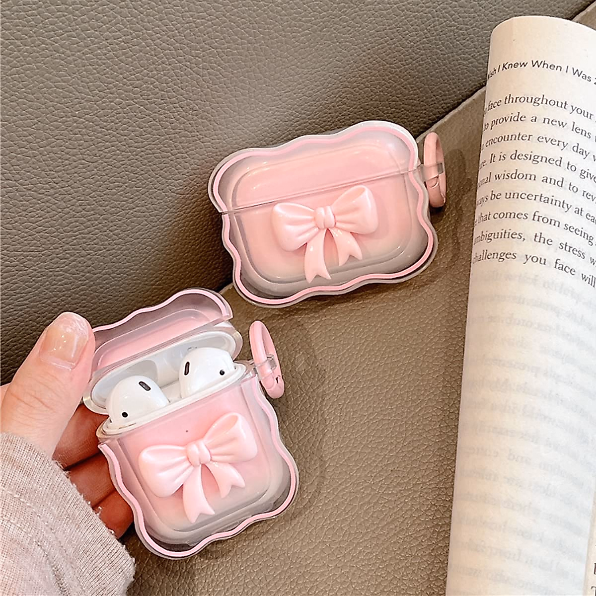 Cute AirPod Case with Keychain Pink Bow Clear Gradient Design Wavy Border Protective Soft Cover Compatiable with AirPods 1st & 2nd Generation for Women and Girls