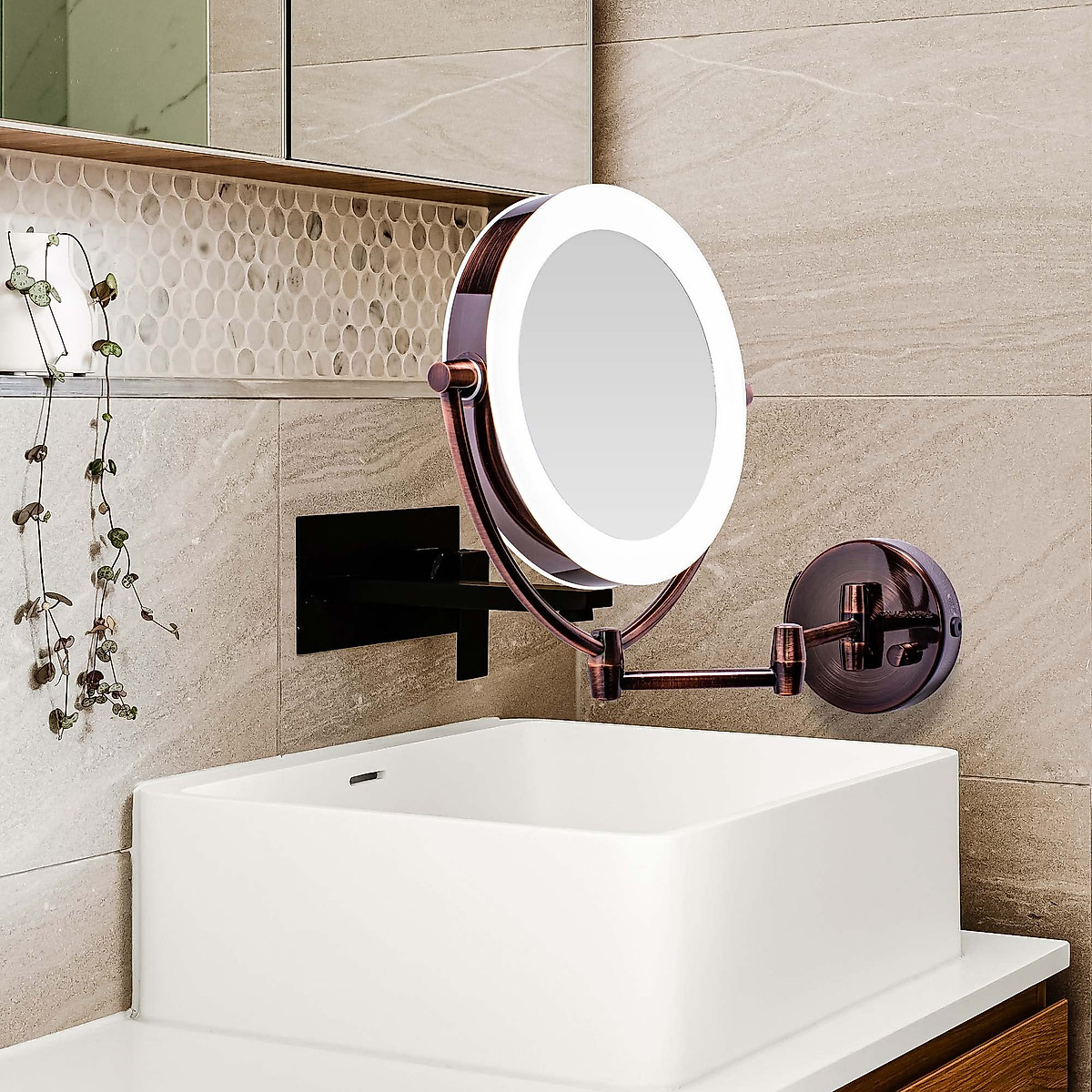 Ovente 7.5" Lighted Wall Mount Makeup Mirror, 1X & 10X Magnifier, Spinning Double Sided Round LED w/ Dimmer Switch, Extend, Retractable & Folding Arm, Battery USB Powered Antique Brass MLW75AB1X10X