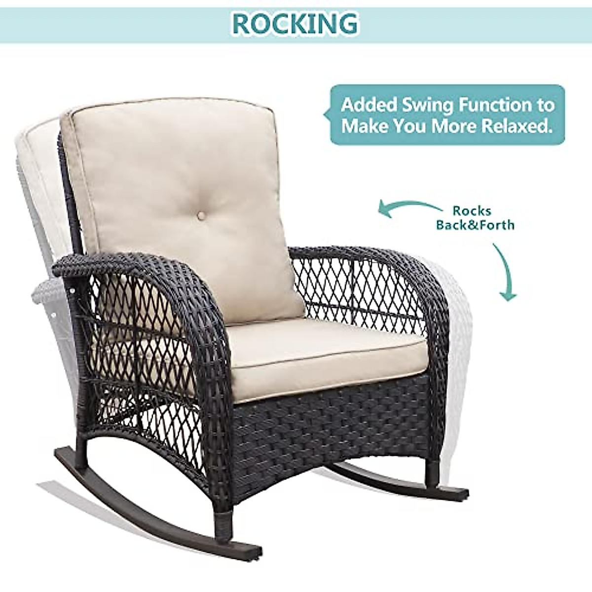 3 Pieces Outdoor Wicker Rocker Patio Bistro Set, Rocking Glider Chairs with Premium Cushions and Armored Glass Top Side Table, Elegant Wicker Patio Bistro Conversation Sets for Backyard