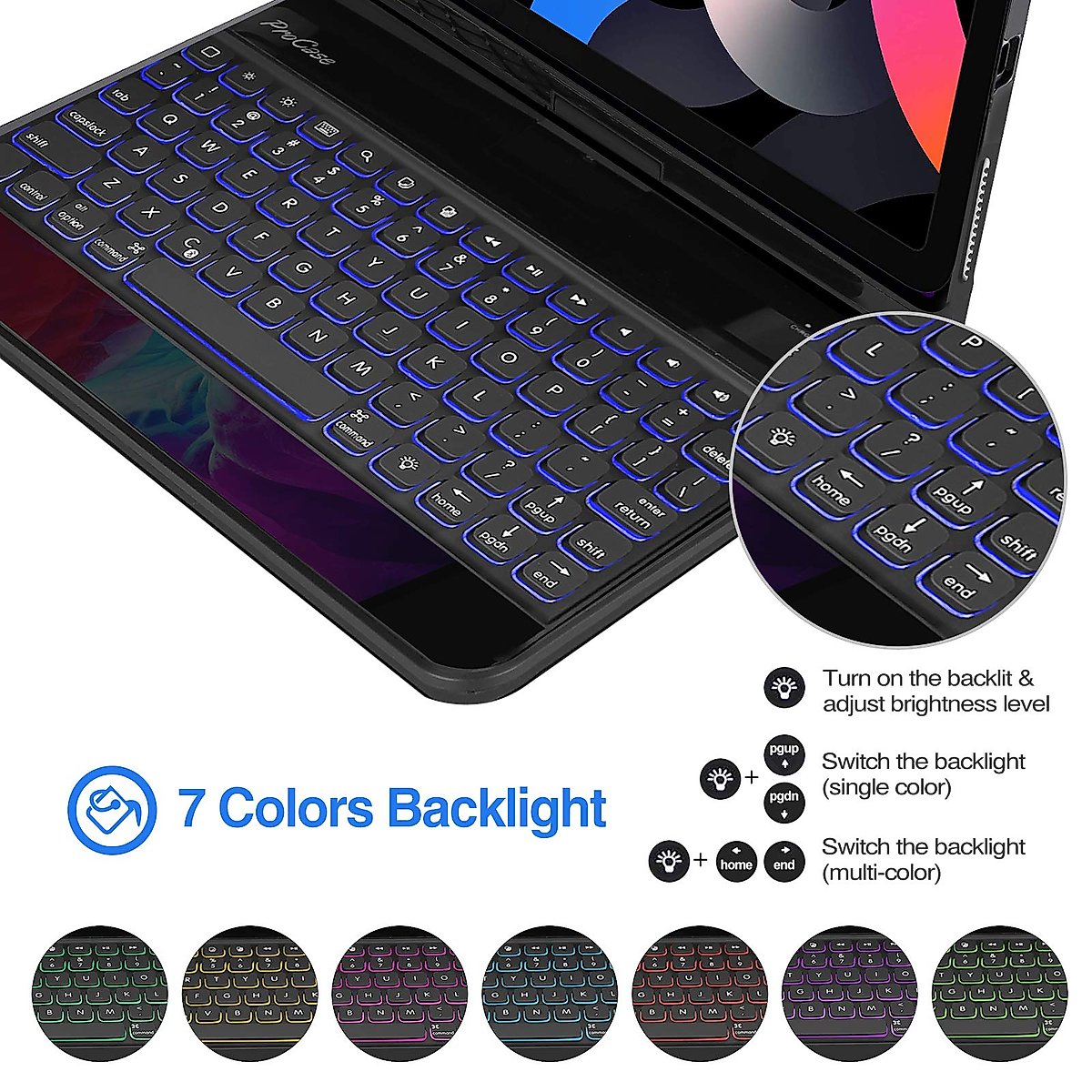 ProCase Keyboard Case for iPad Air 6th 11 inch 2024/Air 5th/4th 10.9" 2022 2020/ iPad Pro 11" 2022 2021 2020 2018, 360 Degree Rotation Wireless Keyboard with 7 Colors Backlit, Auto Sleep/Wake -Black