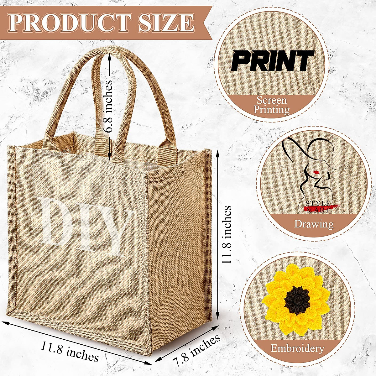 12 Pcs Burlap Jute Tote Bags with Handles Laminated Interior Reusable Blank Bridesmaid Gift Bags Grocery Beach Bag for Shopping Wedding Bachelorette Party Embroidery DIY Art Crafts 12 x 12 x 7.8 inch