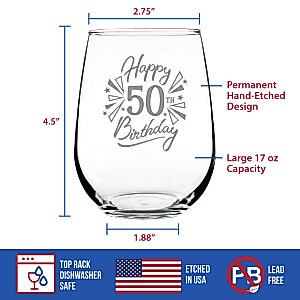 Happy 50th Birthday - Stemless Wine Glass Gifts for Women & Men Turning 50 - Bday Party Decor - Large Glasses 17 Oz