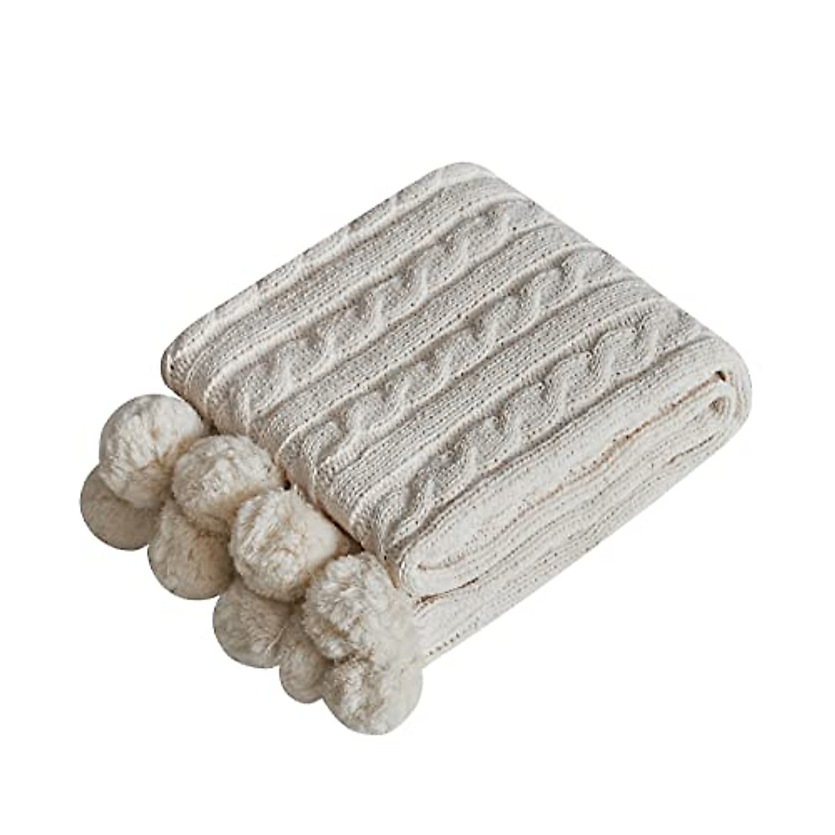 Chenille Chunky Knitted Throw Blanket with 14pcs Pom Poms Tassel Super Soft Cozy Warm Blanket for Sofa Bed Soft Couch 50 x60 inches (White)¡­