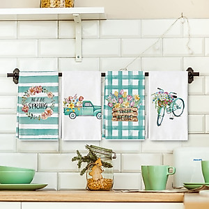 AnyDesign Spring Buffalo Plaid Kitchen Towels Watercolor Floral Truck Bicycle Dishcloth 18 x 28 Inch Blue White Plaids Stripes Hand Drying Tea Towel for Cooking Baking Cleaning Wipes, Set of 4