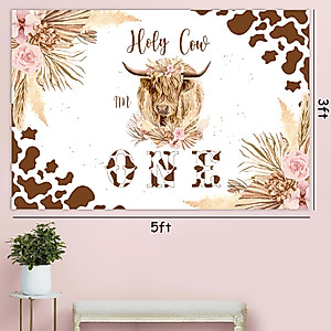 Highland Cow 1st Birthday Decorations Girl - Holy Cow Im One Backdrop, Highland Cattle High Chair Banner, Cake Topper, Foil Balloons for Pink Boho Floral Highland Cow Farm Animal Party Supplies