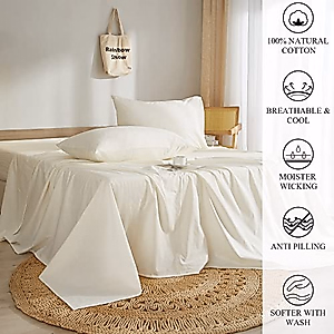 LifeTB Cream White Microfiber Duvet Cover Set Full Queen / 4 Piece Cream White Cooling Sheets Set Queen (1 Duvet Cover, 2 Pillowcases / 1 Flat Sheet, 1 Fitted Sheet, 2 Pillowcases)