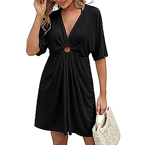 Women Casual V Neck Beach Dresses O-Ring Elastic Waisted Swimsuit Coverups Mini Dress Swimwear (Black, M)