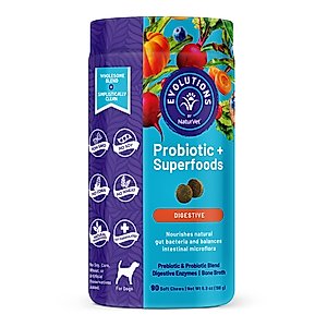 NaturVet Evolutions Probiotic & Superfoods 90ct Soft Chews for Dogs - Prebiotic & Probiotic Blend, Digestive Enzymes, Bone Broth, Omega's - Nourishes Natural Gut Bacteria and Intestinal Microflora