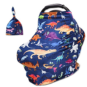 Dinosaur Baby Car Seat Canopy, Soft Plush Dotted Backing Baby Car Seat Cover, Nursing Cover Breastfeeding Scarf, Infant Carrier Cover for Boys and Girls