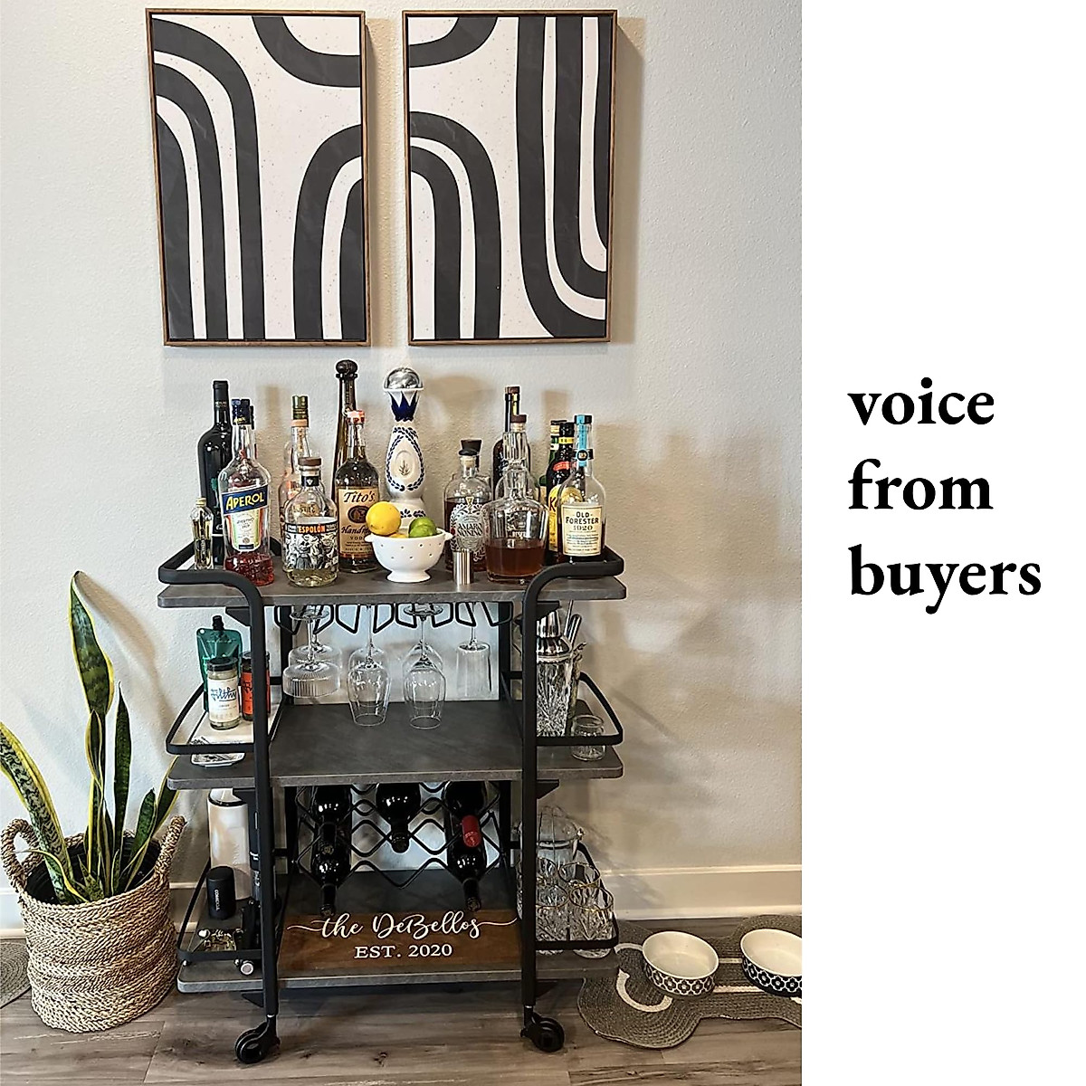 Jubao 3-Tier Bar Cart for The Home Mobile Serving with Glass Holders and 8 Wine Racks Storage, Wine Trolley Kitchen Island Cart on Wheels, Modern Coffee Cart for Kitchen Outdoor