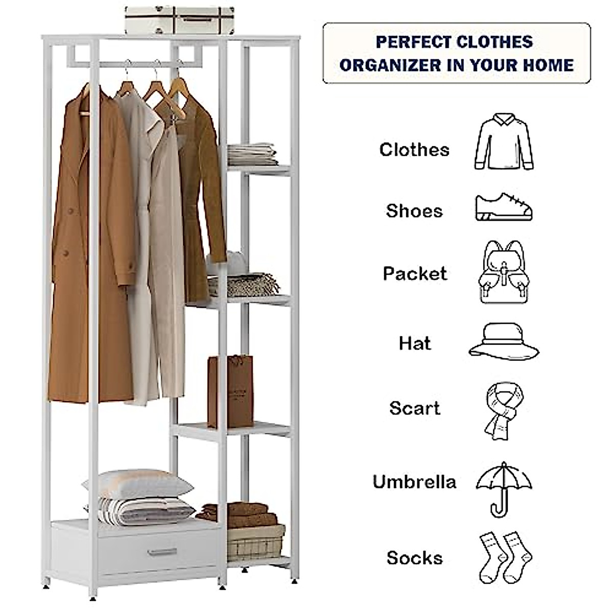 SogesHome Hall Tree with 1-Drawer, 3-in-1 Wood Cloth Garment Racks, Coat Stand with 4-Tier Side Storage Shelves, Home Storage Stand Open Display for Living-room, Bedroom, White