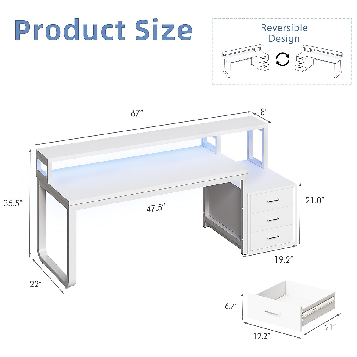 White Desk with 3 Drawers, 67 Inch White Computer Desk with Long Hutch, Home Office Desk with Storage, Home Office Desk with LED Light and Printer Stand, Heavy Duty Leg, Monitor Shelf for Bedroom