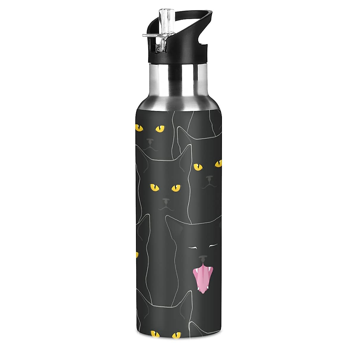 Yasala Water Bottle Black Cat Coffee Thermos Stainless Steel Insulated Beverage Container 20 oz with Straw Lid BPA-Free for Sport, Travel, Camping, Back to School