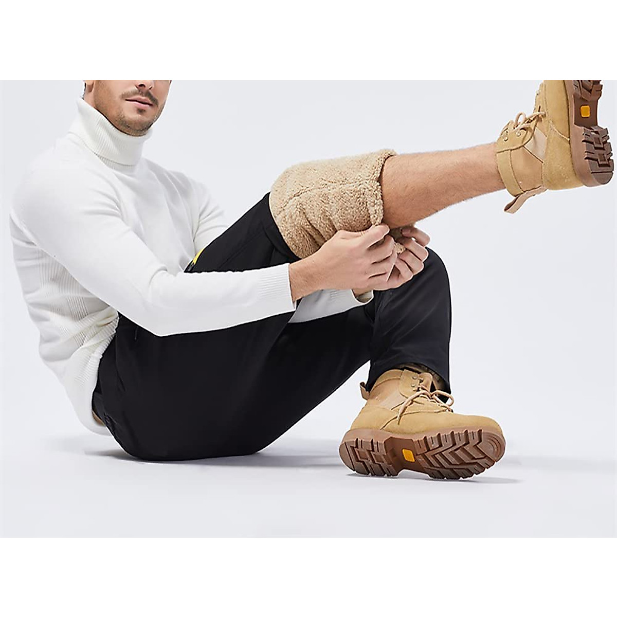 FASKUNOIE Men's Thermal Fleece Pants Sherpa Lined Winter Casual Lounge Sports Yoga Workout Fitness Sweats Pants Khaki