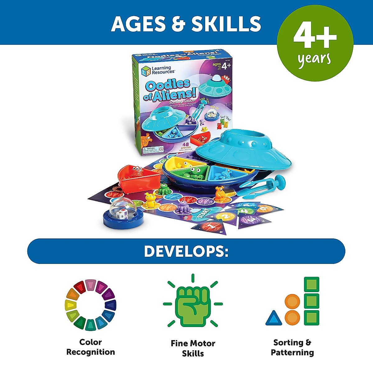 Learning Resources Oodles of Aliens Sorting Saucer, Fine Motor Skills, Counting and Sorting Toys, Preschool Games, Educational Toys, 48 Pieces, Ages 4+