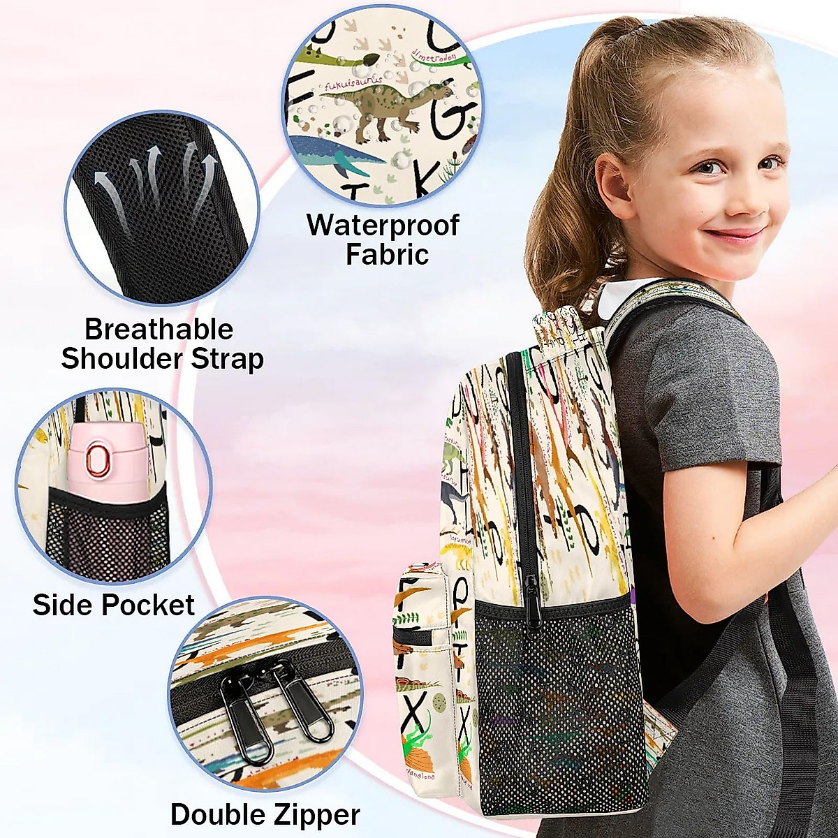 Alphabet Dinosaur Backpack for School Kids Girls Boys Education Letter Bookbag Laptop Backpack 14 Inch Travel Daypack Student Computer Bag for Women Teen Girls College Work