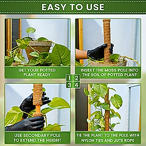 Moss Pole for Plants Monstera - 51.1” Stackable Plant Poles for Potted Plants Indoor and Outdoor (4 Pcs) – 16.9” Long Natural Coir Moss Sticks with Garden Twist Ties and Jute Rope