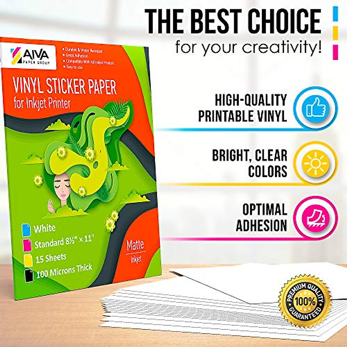 Printable Vinyl Sticker Paper for Inkjet Printer - Matte White - 15 Self-Adhesive Sheets - Waterproof Decal Paper - Standard Letter Size 8.5"x11"