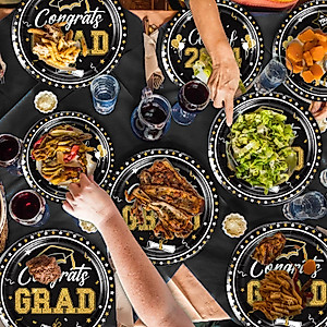 168PCS Graduation Party Decorations Dinnerware Set - Class of 2024 Decorations - Plates Napkins Cups Knife Fork Spoon(Black-Gold)